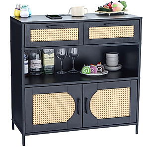 LIDYUK Sideboard Buffet Cabinet with Charging Station, Kitchen Storage Cabinet with Rattan Doors, Cupboard Console Table Sideboard Cabinet for Dining Room Hallway, Black