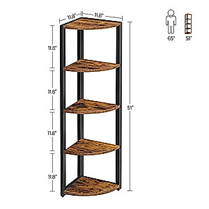 VASAGLE 5 Tier Corner Shelf Stand, Corner Bookshelf, Tall Corner Storage Shelves, Industrial Rack Plant Stand for Living Room, Bedroom, Home Office, Rustic Brown and Black ULLS801B01