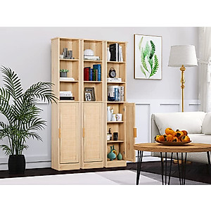 FUQARHY 65'' Tall Bathroom Storage Cabinet Organizer Wood Slim Floor Freestanding Cabinet Linen Tower with Door & 6 Shelves, w/Adjustable Shelves for Home, Bathroom, Kitchen (Natural)