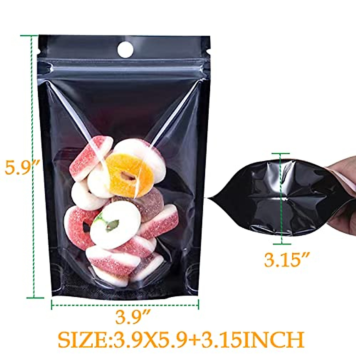 200PCS Black Mylar Bags For Food Storage Stand Up Packaging Bags For Small Business Resealable Sample bags 2 Sizes Foil Small Ziplock Bags with window