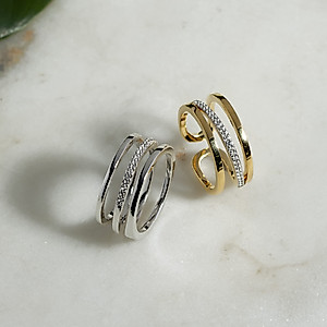 Ivy Gems Sterling Silver Triple Loop Rhodium Plated with White Topaz Accented Contemporary Design November Birthstone Statement Ring Size 8