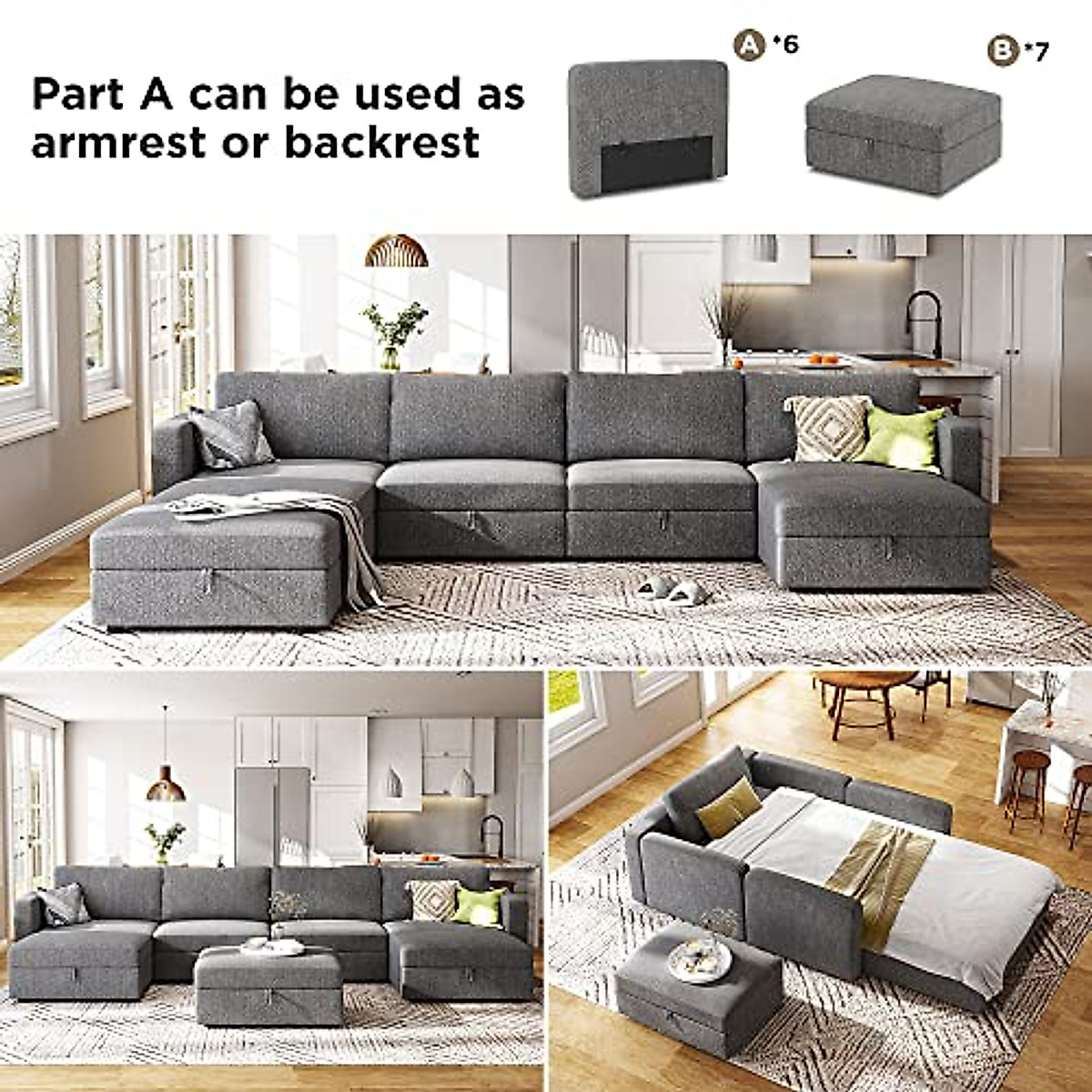 HONBAY 149'' Modular Sectional Sofa U Shaped Modular Couch with Storage Seats 7 Pieces Modular Sofa Deep Seat Modular Sectional Couch with Wide Chaise, Light Grey