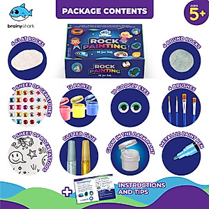Brainy Shark Rock Painting Kit for Kids - Children's Arts and Crafts Set - 8 Rocks, 12 Paints, 4 Brushes, Googly Eyes, Metallic Paint Pen, Glitter Glue, Tattoo & Gem Stickers - Gift for Boys & Girls