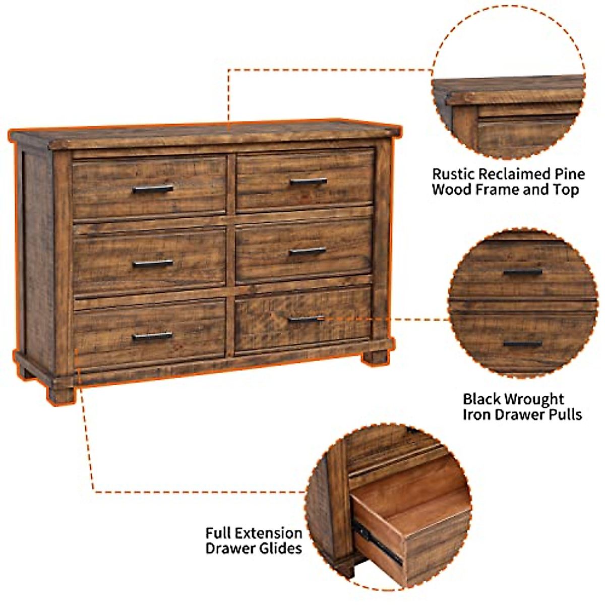 Knocbel Farmhouse 6-Drawer Dresser with Antique Metal Handles, Reclaimed Pine Wood Double Chest of Drawers, Fully Assembled, 56" L x 18.3" W x 36.6" H (Natural)