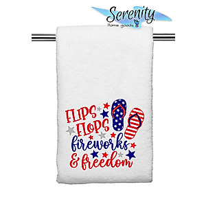 4th of July Summer Home Decor Decorative Kitchen and Bath Hand Towels | Flip Flops Fireworks Freedom | Red White and Blue Towel Home Holiday USA Decorations