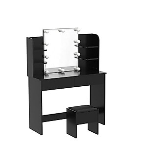 Large Vanity Set with 10 Lights Bulbs, 42-inch Makeup Vanity Mirror with Lights, Makeup Table with 2 Drawers & Cushioned Stool & Storage Shelves, Dressing Table for Women, Girls, Bedroom (Black)