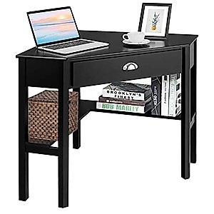 Nightcore Corner Desk for Small Space, Wood Corner Computer Desk, Compact Writing Table w/Drawer & Storage Shelves, Space Saving Study Workstation, Laptop PC Corner Table for Home Office