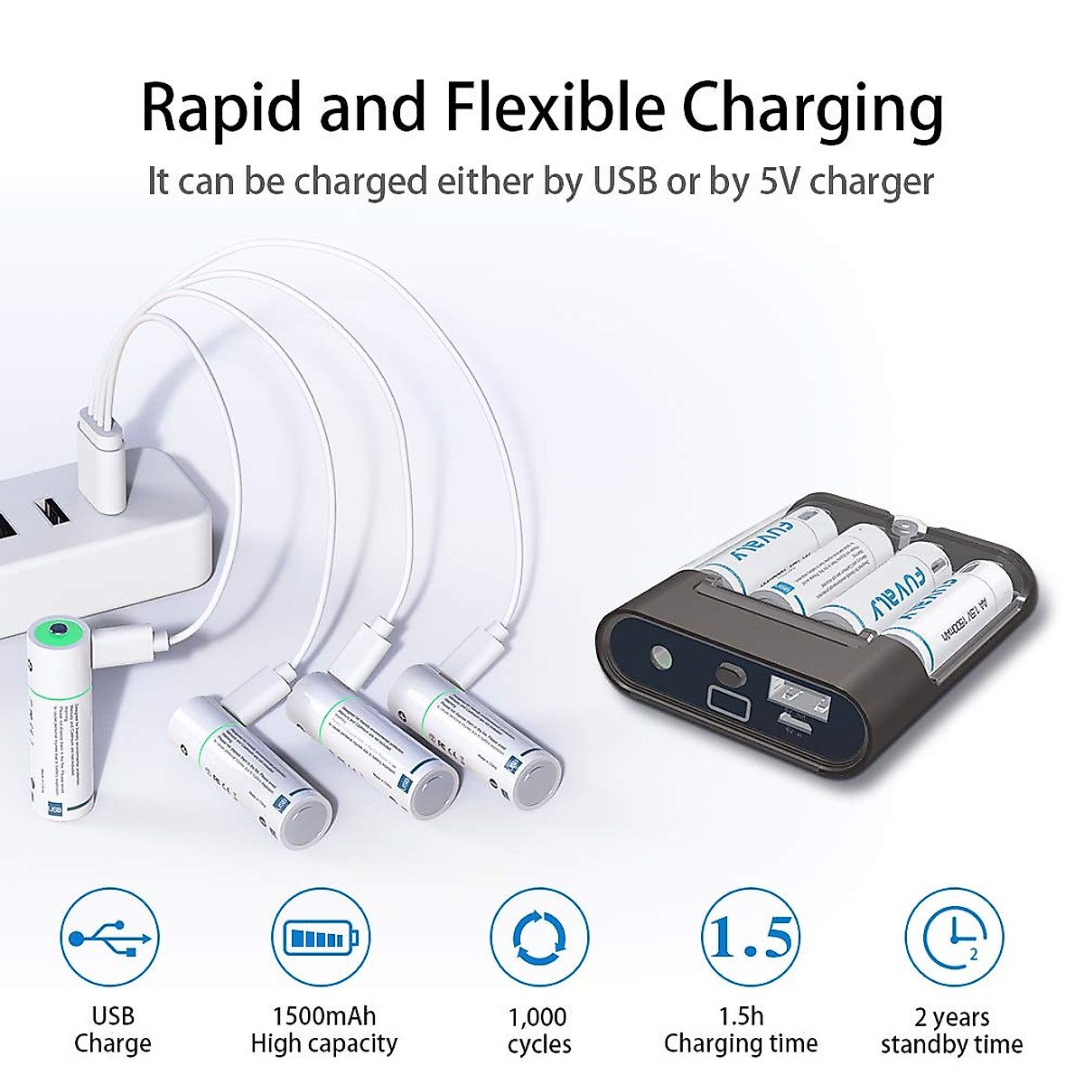 FUVALY USB Rechargeable AA Batteries 1500mAh High Capacity 1.5V Fast Charging Lithium Rechargeable Batteries with 4 in 1 USB Charging Cable can be Charged Either by 5V Charger or USB (4 Pack)