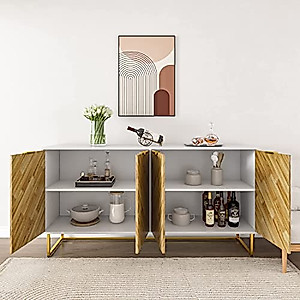 White Buffet Cabinet with Storage, 55’’ Kitchen Buffet Storage Cabinet with 4 Doors, White Sideboards and Buffets, Modern Sideboards Storage Cabinet with Gold Metal Legs, Credenzas for Living Room