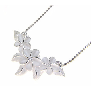 Arthur's Jewelry 925 Sterling silver Hawaiian 3 plumeria flower maile leaf slide pendant cz