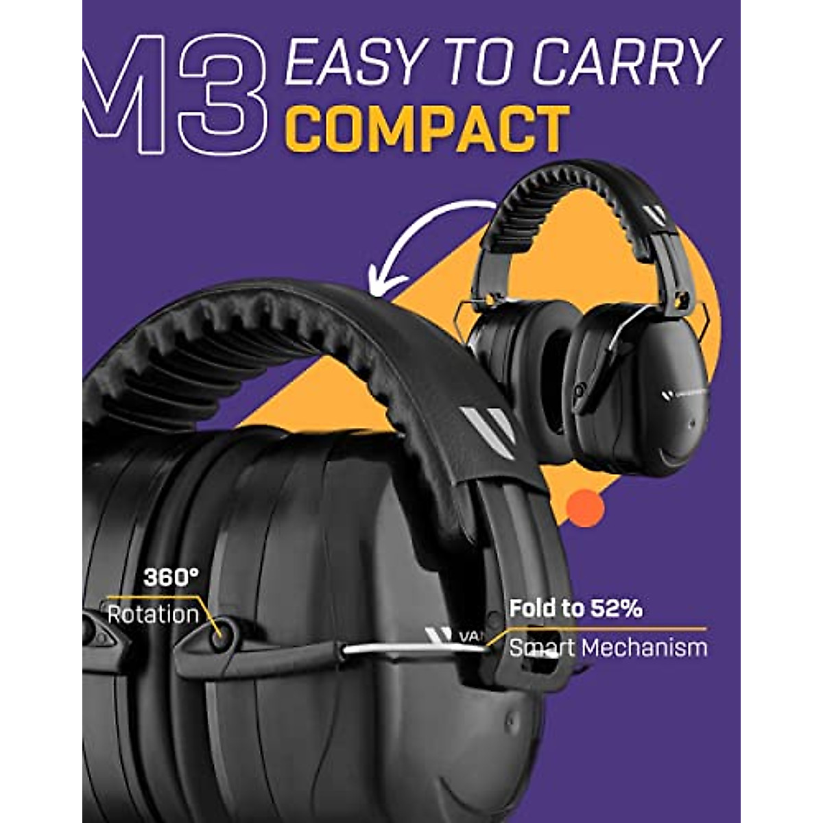 Vanderfields Ear Protection Earmuffs - Shooting Ear Muffs for Noise Cancelling - Passive Reduction for Safety Hearing - Adult Headphones for Lawn Mowing, DIY, Construction, Woodworking -Midnight Black