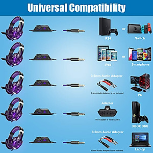 BENGOO Stereo Gaming Headset for PS4, PC, Xbox One Controller, Noise Cancelling Over Ear Headphones Mic, LED Light, Bass Surround, Soft Memory Earmuffs for Laptop Mac Nintendo Switch Games - Purple