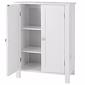ZENY Bathroom Floor Storage Cabinet with Double Door + Adjustable Shelf, Wooden Organizer Cabinet for Living Room, Bathroom, Bedroom, Modern Home Furniture, White