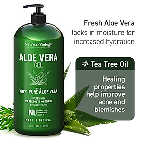 New York Biology Aloe Vera Gel for Face, Skin and Hair - Infused with Tea Tree Oil - From Fresh Aloe Vera Plant - Moisturizing Aloe Vera for Sunburn Relief and Dry Skin - 16.9 Fl Oz