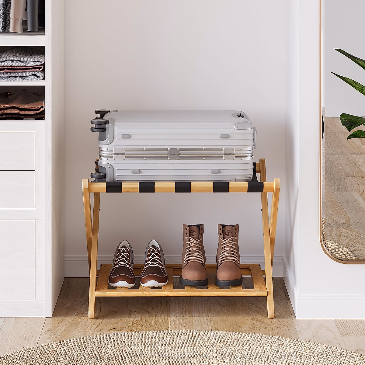 Semiocthome 2 Pack Fully Assembled Luggage Rack, Folding Suitcase Stand with Storage Shelf, Wood Suitcase Rack fit Most Luggage Size, Luggage Holders Stand for Guest Room Bedroom and Hotel (Wood