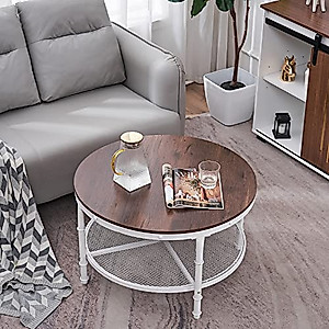VINGLI 31.5" Rustic Oak White Round Farmhouse Coffee Table, 2-Tier Storage Wood Center Circle Accent Table for Living Room, Bedroom, Apartment, Studio and Small Spaces, Sturdy Metal Frame