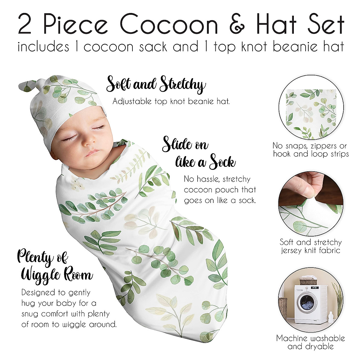 Sweet Jojo Designs Floral Leaf Baby Boy or Girl Cocoon and Beanie Hat 2pc Set Jersey Stretch Knit Sleeping Bag for Infant Newborn Nursery Sleep Wrap Sack - Green White Boho Botanical Woodland Garden