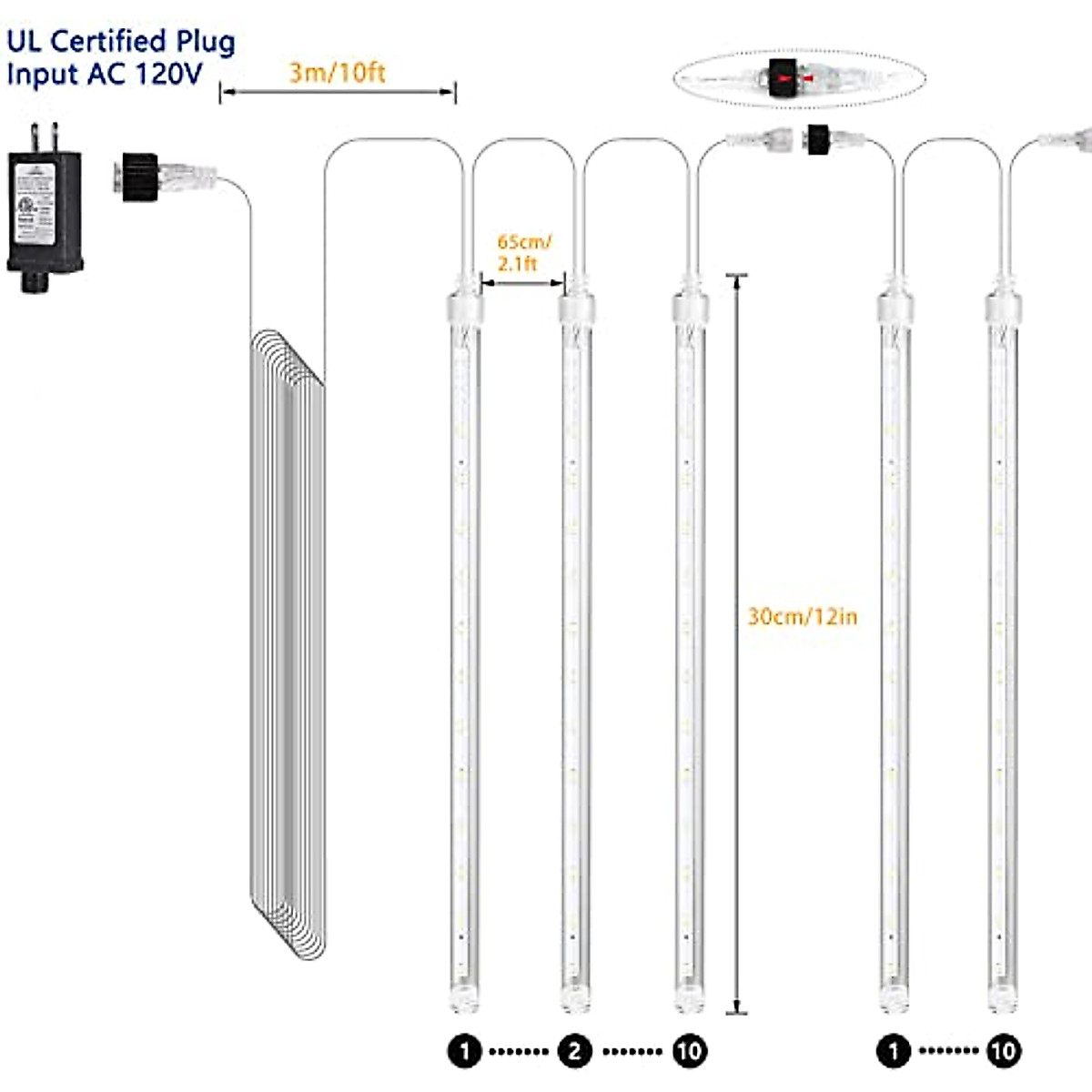11.8 inch 10 Tubes 240 LED Meteor Shower Raindrop Lights with Timer Function Cascading Lights LED Icicle Lights Falling Raindrop Lights for Holiday Party Wedding Christmas Tree Decoration (Blue)