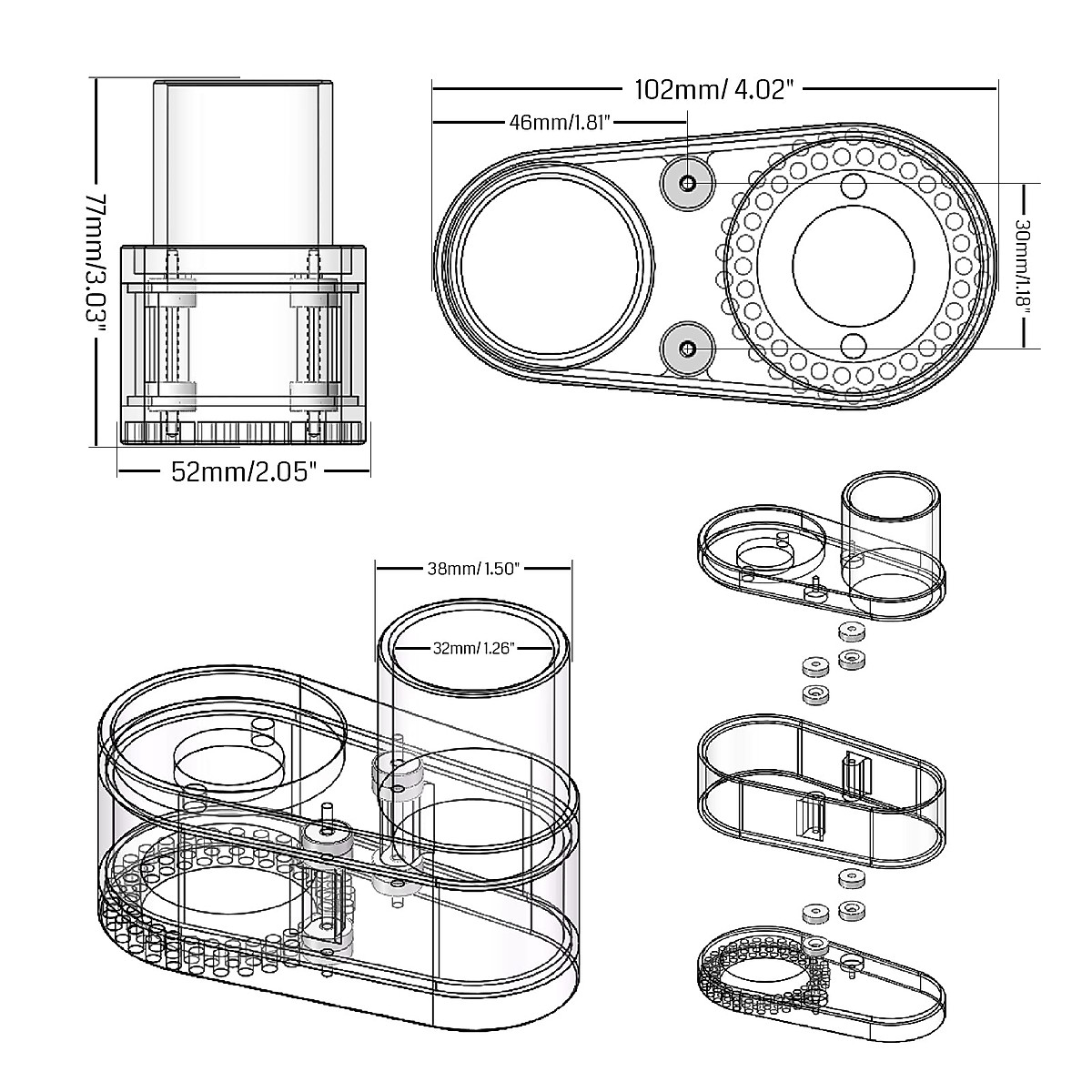 Genmitsu CNC Dust Shoe ABS Cover Cleaner for 3018 Series CNC Router/CNC Machines with a 42mm Diameter Motor, Hose Adapter Outer Diameter 38mm (1.5″), Transparent
