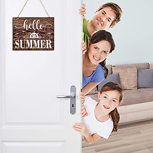 Jetec Hello Summer Wooden Sign Wooden Farmhouse Sign Home Rustic Front Door Decoration Wood Hanging Sign Wall Decor, 9.8 x 7.8 x 0.2 Inch