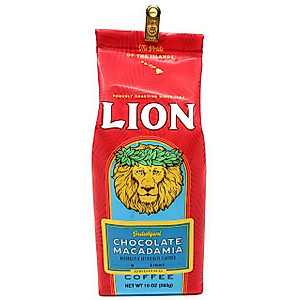 Lion Coffee CHOCOLATE MACADAMIA, Ground, Light Roast, 10 Oz. Bag with Exclusive Lion Coffee Factory Direct Brand Registered Sticker, INDULGENT