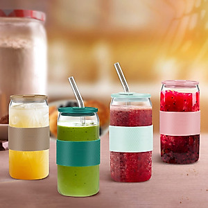 Vozoka Glass Cups with Silicone Lid and Glass Straws, 4 Set -16oz Drinking Glasses with Colorful Silicone Lids and Sleeve, Iced Coffee Tumbler, Smoothie Cups, Ideal for Water, Soda, Coffee, Gift…