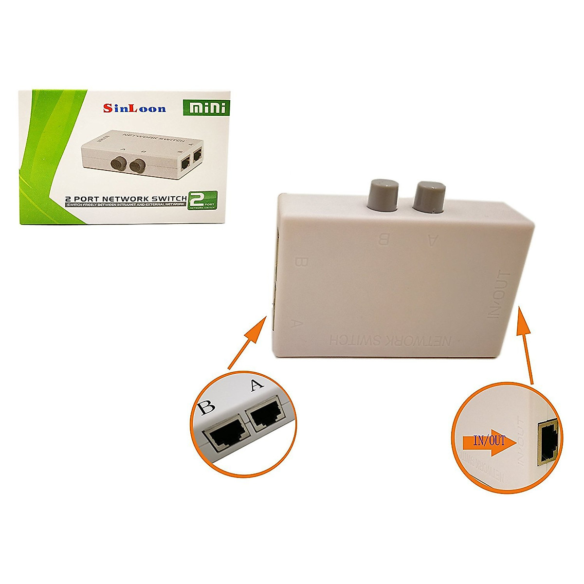 RJ45 Splitter Selector Switch, 2 Ports Network Switch Splitter Selector Hub 2-in 1-Out or 1-in 2-Out 100M t 2-Way RJ45 Ethernet Network SinLoon Push Button Metal Mini Switch Box
