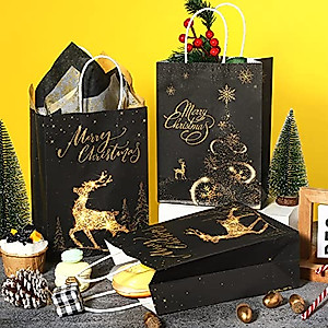 Funrous Gold Black Christmas Bags with Tissue Paper Xmas Black and Gold Gift Bags Metallic Gold Black Goody Treat Bags with Handles for Christmas Thanksgiving Candy Cookies Party Supplies (16 Pcs)