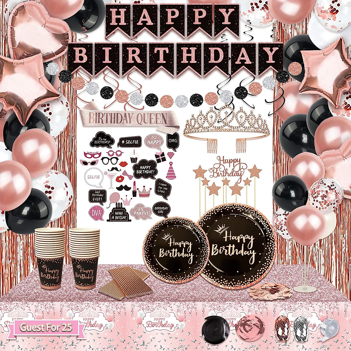 UJoyant Birthday Decorations For Women, 229 Pcs Rose Gold and Black Happy Birthday Supplies - Disposable Dinnerware Set with 25 Guest, Balloons, Sash, Tiara, Banner, Fringe Curtain, Photo Booth Props