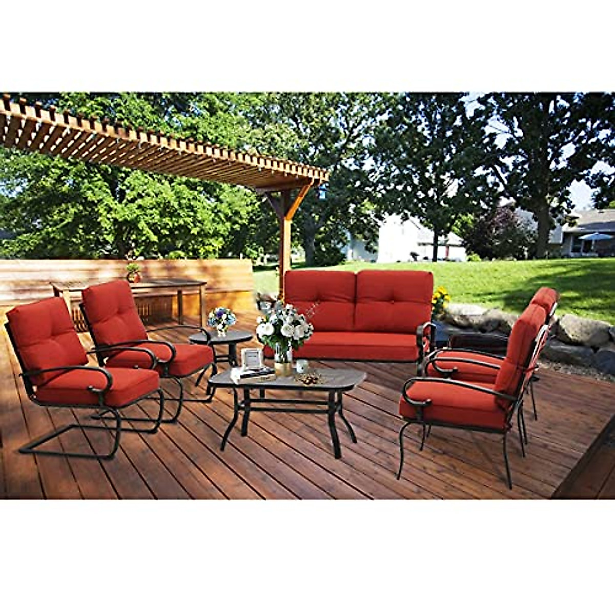 Oakmont 7-Piece Outdoor Metal Furniture Sets Patio Conversation Set Wrought Iron Loveseat, 2 Single Chairs, 2 Spring Chairs and Coffee Table, Red