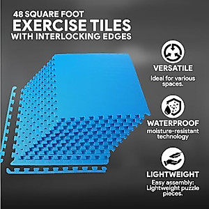 Signature Fitness Puzzle Exercise Mat with EVA Foam Interlocking Tiles for MMA, Exercise, Gymnastics and Home Gym Protective Flooring, 1/2" Thick, 48 Square Feet, Blue