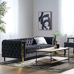 Yoglad Modern Tufted Velvet Sofa, 3-Seater Upholstered Couch with Metal Legs, Mid-Century Modern Velvet Accent Furniture for Living Room, Bedroom, or Apartment (83.75'' Black)