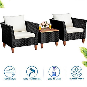 Tangkula 3 Piece Patio Furniture Set, Patiojoy Outdoor Wicker Rattan Bistro Sofa Set w/Washable Cushion, Acacia Wood Top Coffee Table, Conversation Set for Balcony Backyard Porch (White)