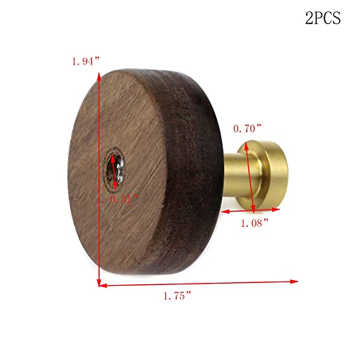 Faotup 2PCS 1.94" Round Walnut Wood Coat Hook Wall,Brown Self Adhesive Wall Hooks Decorative,Wooden Hooks for Hanging,Walnut Hook Wall Mount Wood,1.94×1.94×1.75inches