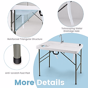 Goplus Folding Fish Cleaning Table with Dual Water Basins, Heavy Duty Fillet Table with Hose Hook Up, Sink and Faucet, Portable Outdoor Camping Sink Station for Dock Beach Patio Picnic, 40''