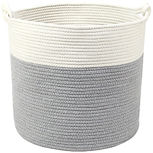 Casaphoria Woven Cotton Rope Basket with Handle for Bedroom,Round Storage Basket for Bathroom,Large Blanket Basket for Living Room,Tall Laundry Hamper Woven for Laundry,Light Gray