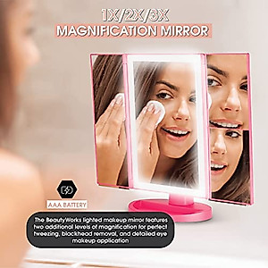 Beautyworks Backlit Makeup Vanity Mirror 36 LED Lights Touch-Screen Light Control, Tri-Fold 1/2/3X Magnification, Portable High-Definition Clarity Cosmetic Light Up Magnifying Mirror (Pink)