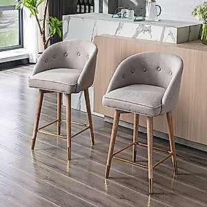 Guyou 360 Degree Swivel Counter Height Bar Stools with Tufted Back Set of 4, Mid-Century Modern Fabric Kitchen Island Chair Stools with Wood Legs and Gold Footrest for Home Bar Dining Room(Grey)