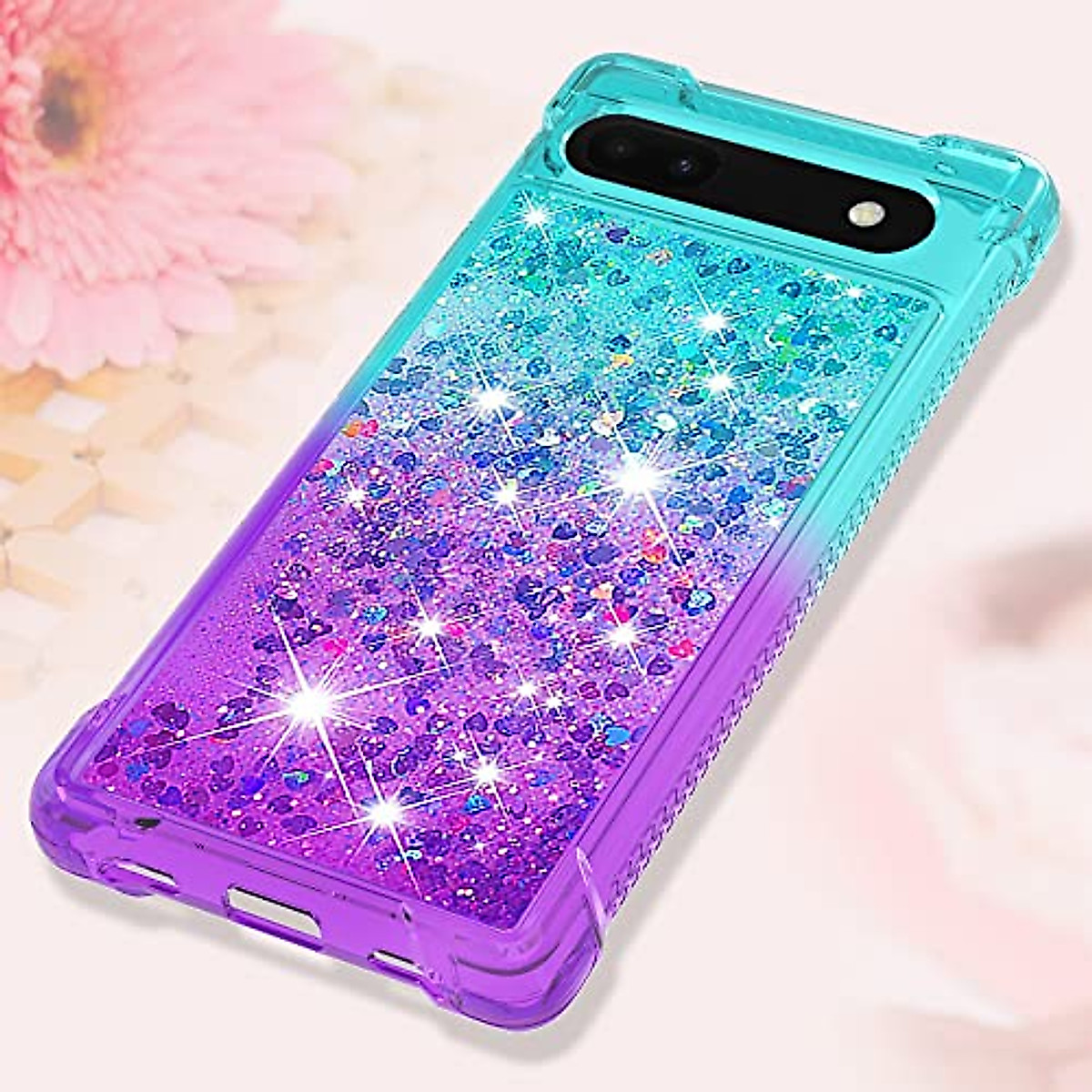 CAIYUNL for Google Pixel 7a Case with Screen Protector, Glitter Bling Floating Liquid Women Girls Soft TPU Slim Cute Phone Case Shockproof Protective Cover for Google Pixel 7a (2023)-Blue/Purple