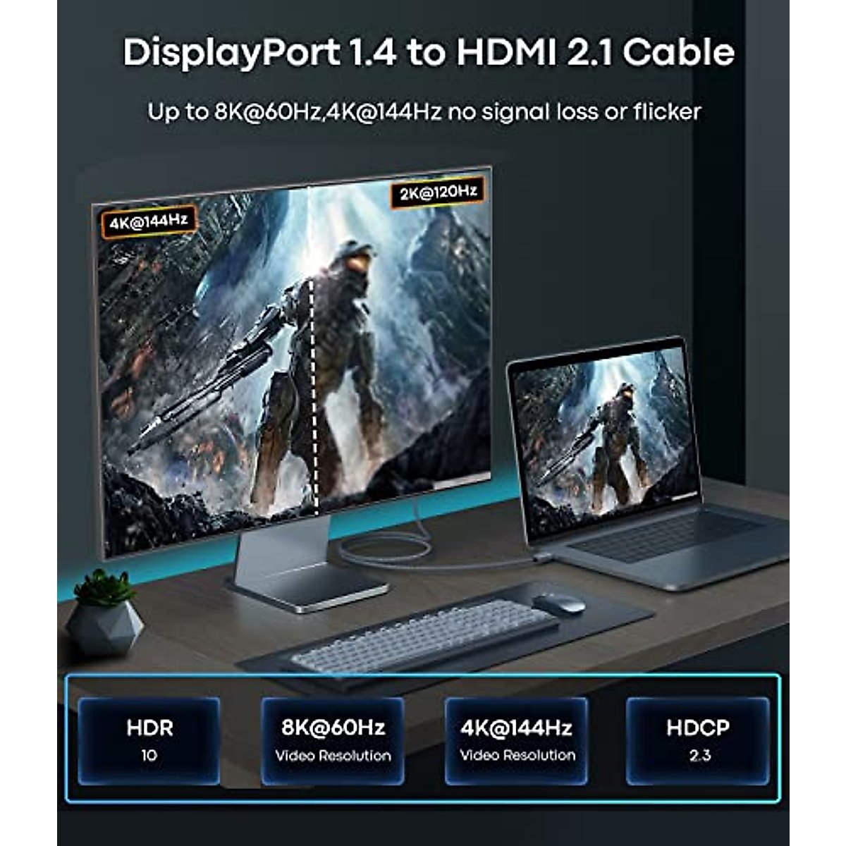 TECHTOBOX DisplayPort to HDMI Cable Adapter [8K@60Hz,4K@144Hz,2K@240Hz] 6FT Uni-Directional DP 1.4 to HDMI 2.1 Braided Cord Support HDCP 2.3/HDR/DSC 1.2 for HP,Lenovo,Dell,AMD,NVIDIA and More