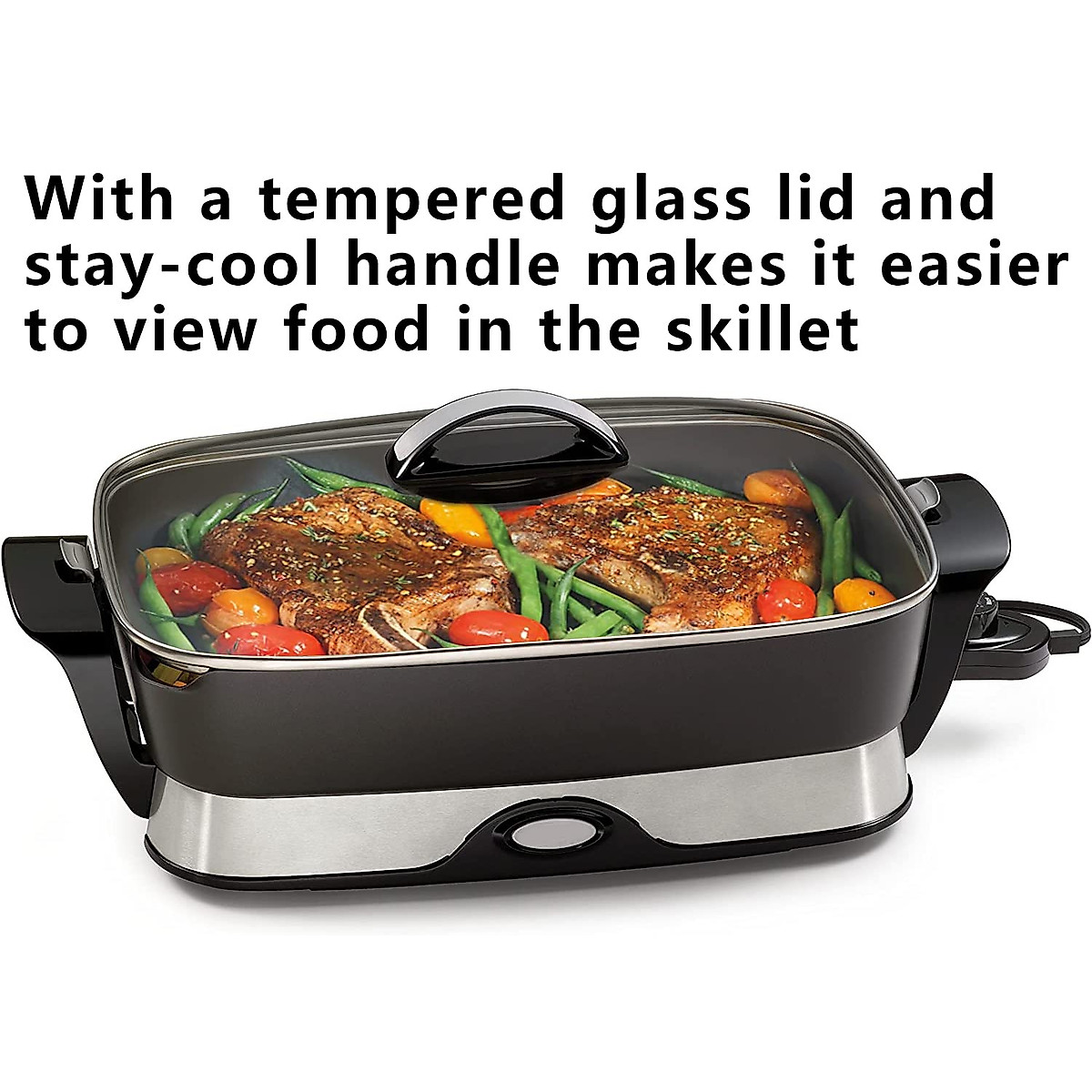 16-inch Electric Foldaway Nonstick Skillet - with Tempered glass cover & stay-cool handles allow skillet to double as a buffet server, black