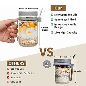 WANJOTEC Mason Jars 16 oz with Lids, 4 Pack Overnight Oats Containers with Lids and Handle, Breakfast On-the-Go Container Airtight Oatmeal Yogurt Container for Cereal,Salad,Milk