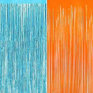 MIKIMIQI 2 Pack Blue Orange Foil Metallic Fringe Curtains for Party Decorations Blue Orange Curtain Backdrop Streamer for Birthday Party Dart War Party Supplies Party Decors, 3.25ft x 6.5ft x 2pcs