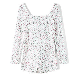 Karwuiio Women Y2K Slim Fit Rompers V Neck Button-Down Long Sleeve Floral Sexy Jumpsuit Shorts Bodysuit (Pink, L)