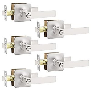 GOBEKOR 5 Pack Interior Brushed Nickel Bedroom Door Handles with Lock Privacy Door Levers Bathroom Lever, Square Rosette
