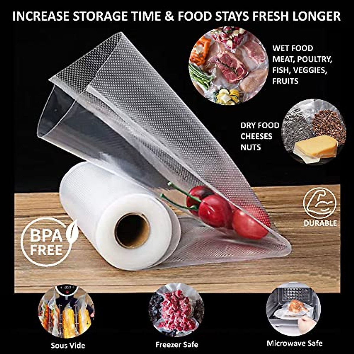 Vacuum Sealer Bag Roll Dispenser with Cutter incl 32 ft 11" Bag Roll - Reusable & Large Bamboo Vacuum Bag Dispenser Fits Most 50 ft Food Saver Bags Rolls - Perfect for Big 12" Rolls of Plastic Wrap, Aluminum Foil and Wax Paper