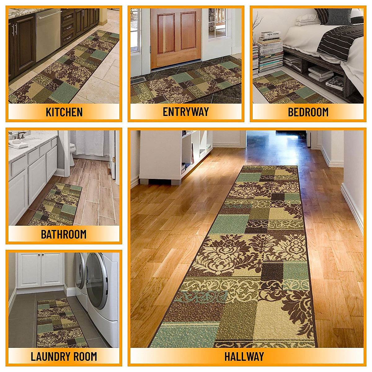 Machine Washable Damask Design Non-Slip Rubberback 3x10 Traditional Runner Rug for Hallway, Kitchen, Bedroom, Living Room, 2'7" x 9'10", Brown/Green