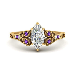 Jewelryonclick Split Band Antique Engagement Ring Yellow Gold Plated Natural Amethyst Marquise Shape Purple Color Side Stone Engagement Rings Pave Setting in Size 9 Fashion Jewelry