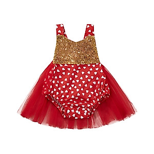 Yccutest Newborn Infant Baby Girl Valentines Day Bodysuit Outfit Toddler Onesie Sleeveless Heart Ruffle Romper Dress Headband (Red Romper Tulle Dress, 0-6 Months)