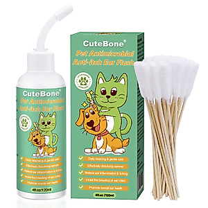 CuteBone Dog Anti-Itch Ear Flush - Cleans & Removes Wax Odor, Deodorizes, Soothes Ear Inflammation for Pet - Easy Ear Wash Care Solution - Ear Cleaner 4 fl.oz & 30 Cotton Swabs Kit